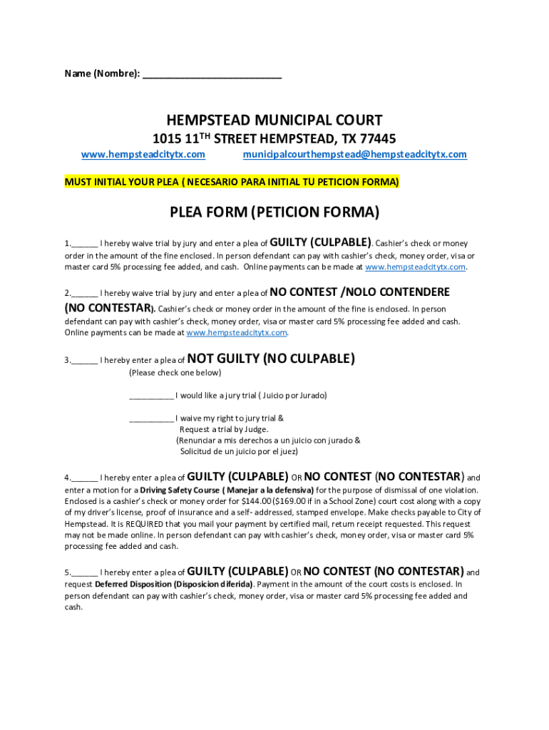 Fillable Online HEMPSTEAD MUNICIPAL COURT PLEA FORM ( ... Fax Email ...