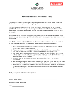 Fillable Online Cancelled and Broken Appointment Policy SUBMIT FORM Fax ...