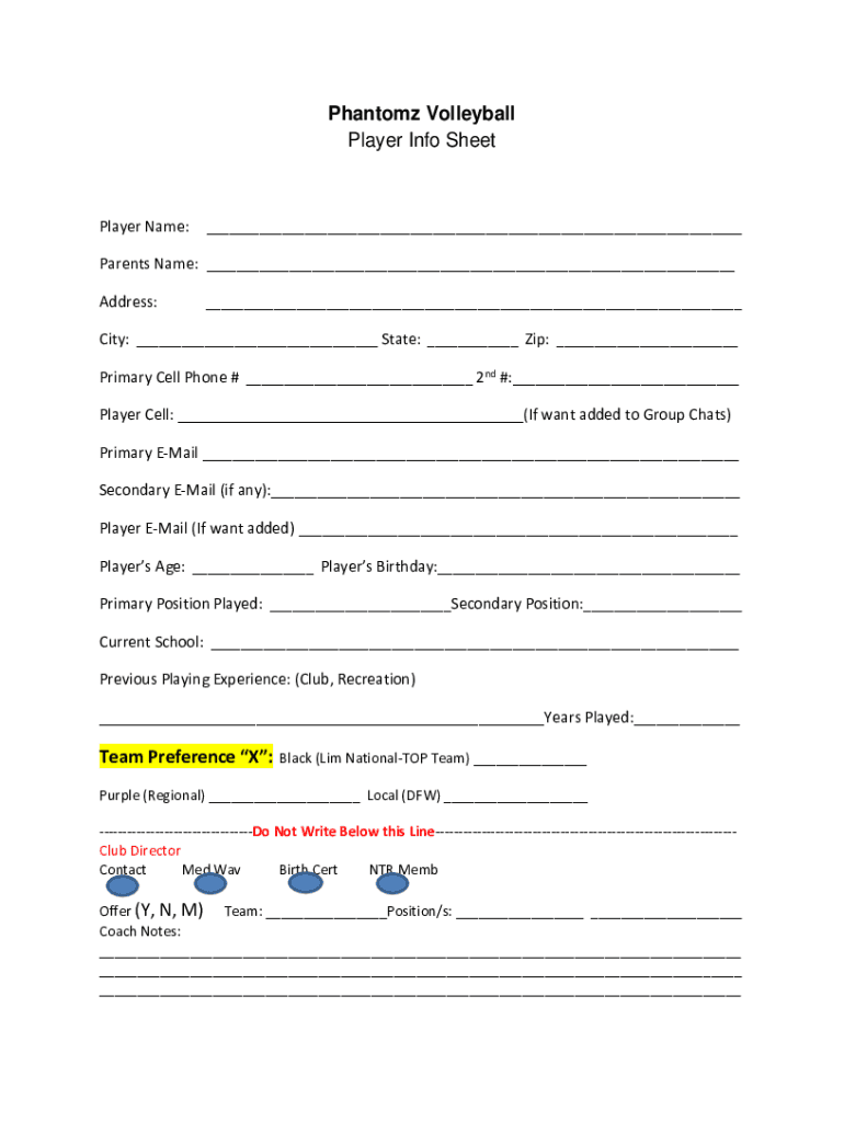 Fillable Online Phantomz Volleyball Player Info Sheet Fax Email Print ...