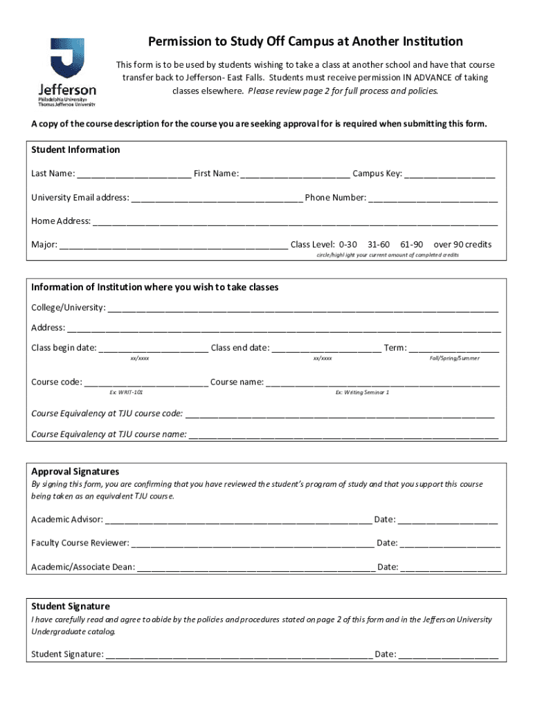 Fillable Online Permission to Study Off Campus at Another Institution 3 ...