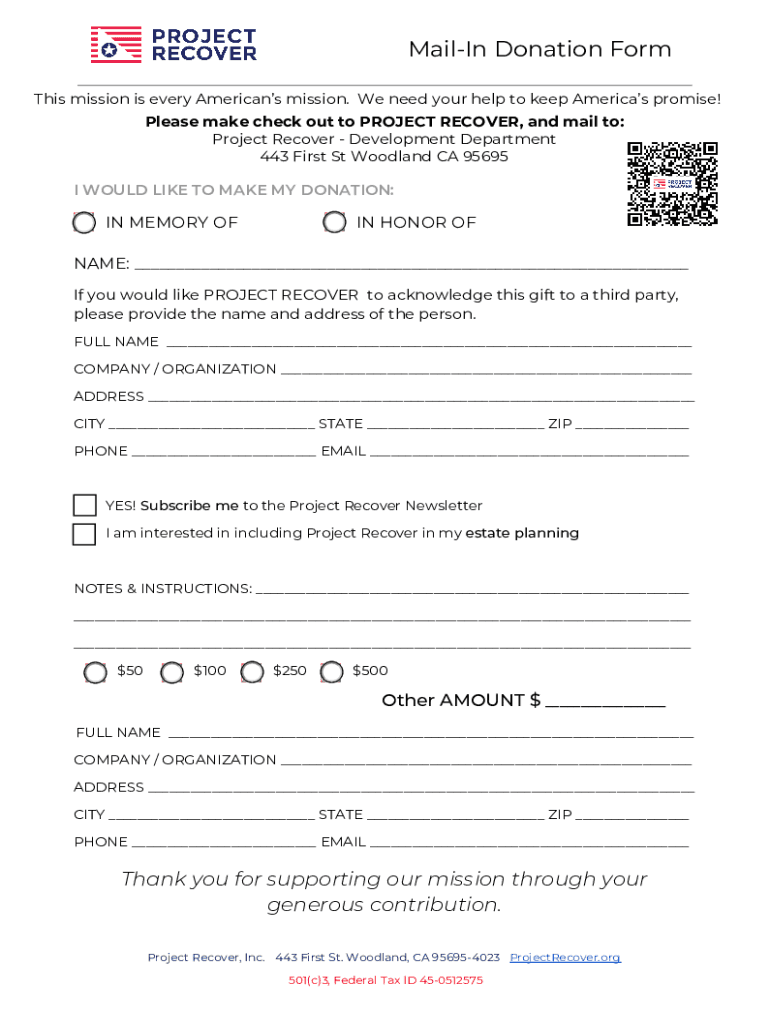 Fillable Online Project Recover Our Mission, Vision, Values - Fax Email ...