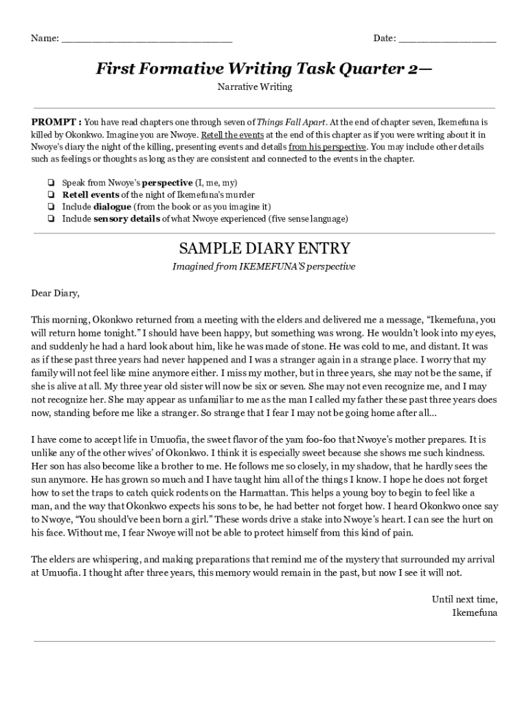Fillable Online First Formative Writing Task Quarter 2 SAMPLE DIARY ...