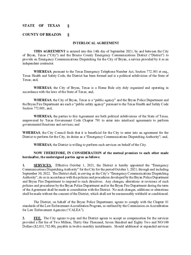 Fillable Online This Agreement is made by and between the City of Bryan ...