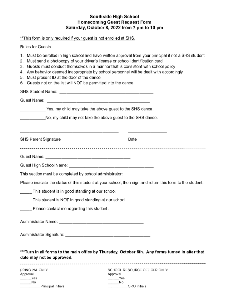 Fillable Online Southside High School Homecoming Guest Request Form ...