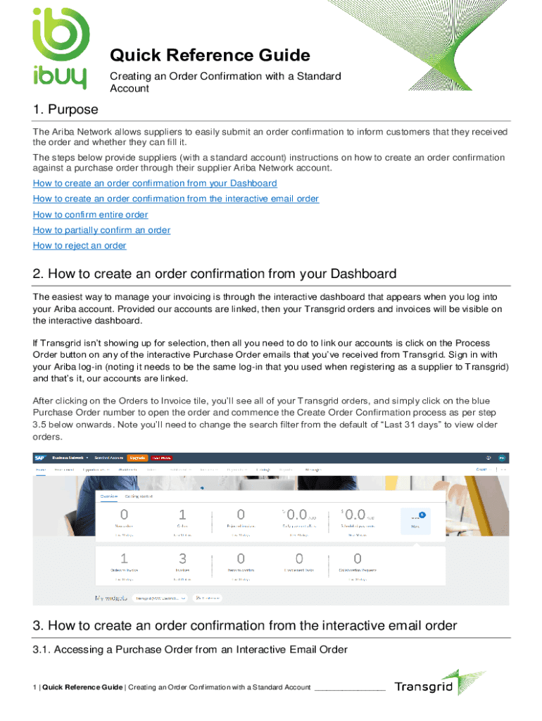 Fillable Online Quick Reference Guide. Creating an Order Confirmation with a Standard Account ...