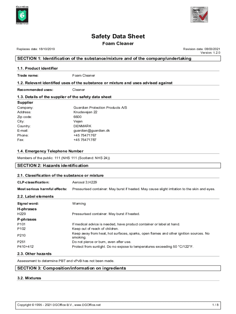 Fillable Online Safety Data Sheet: Tuff Stuff Multi-Purpose Foam ...