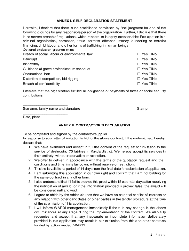 Fillable Online 1 Page ANNEX I. SELF-DECLARATION STATEMENT ... Fax ...