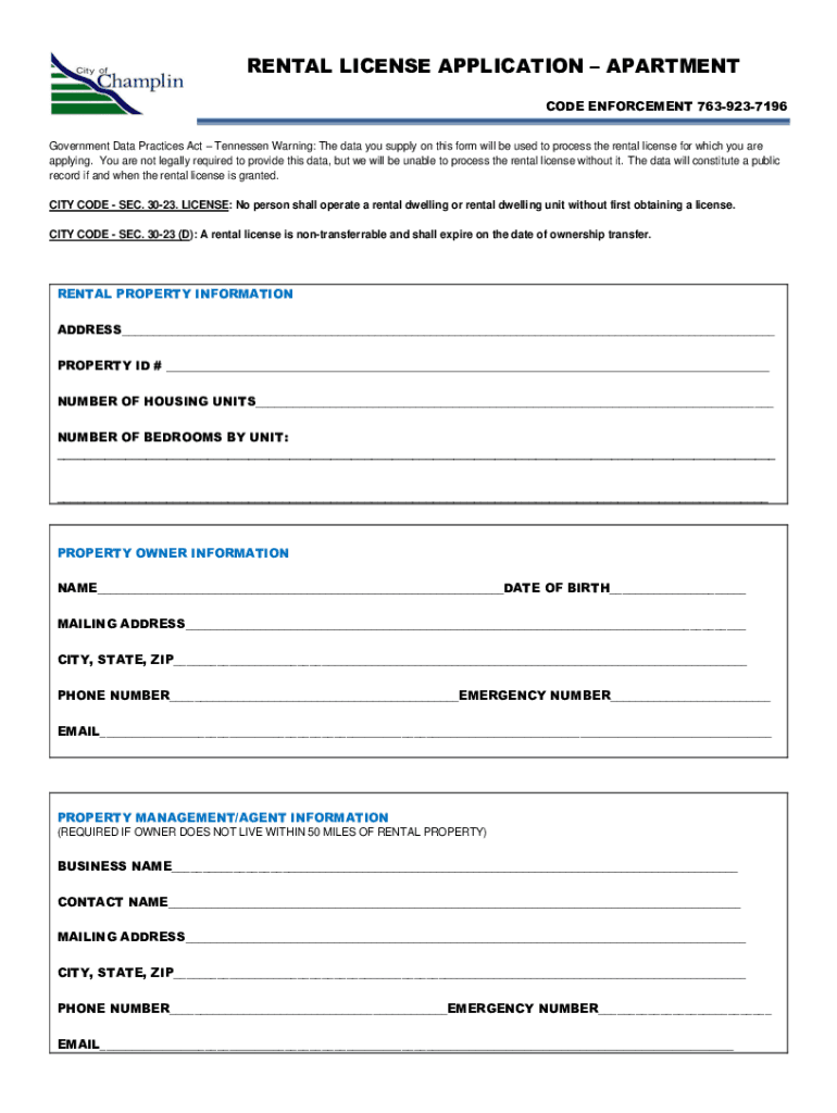 Fillable Online RENTAL LICENSE APPLICATION APARTMENT Fax Email Print ...