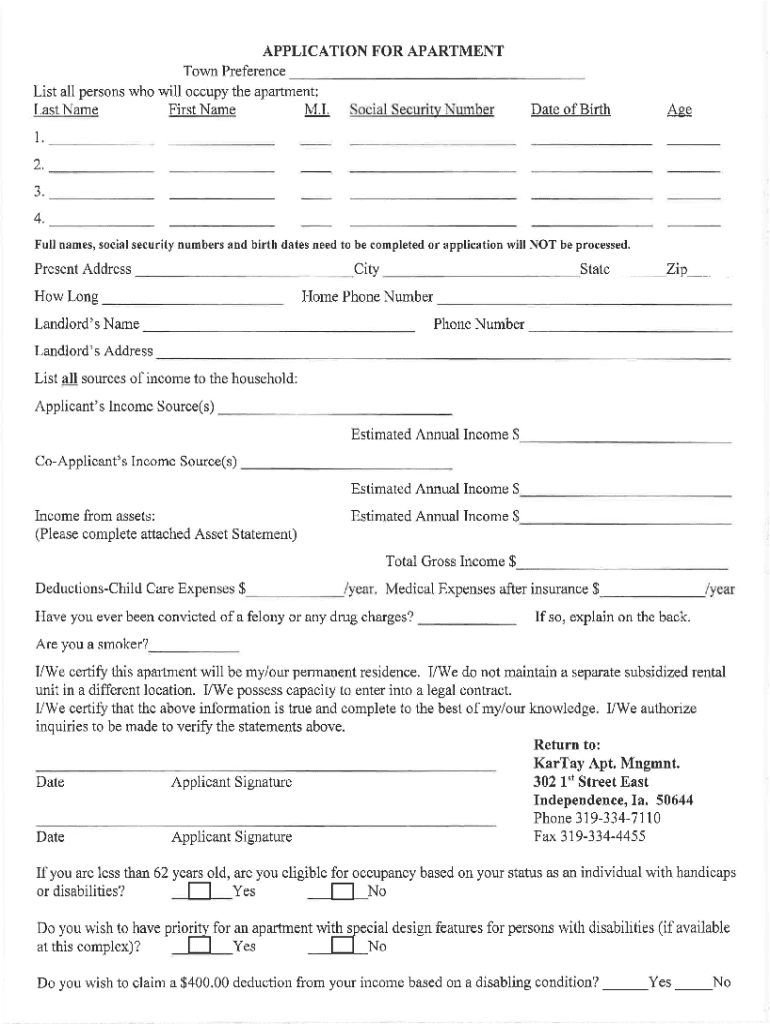 Fillable Online APPLICATION FOR APARTMENT 4. Return to: KarTay Apt ... Fax Email Print - pdfFiller