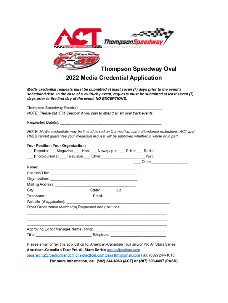 Fillable Online Thompson Speedway Media Credential Application Fax ...