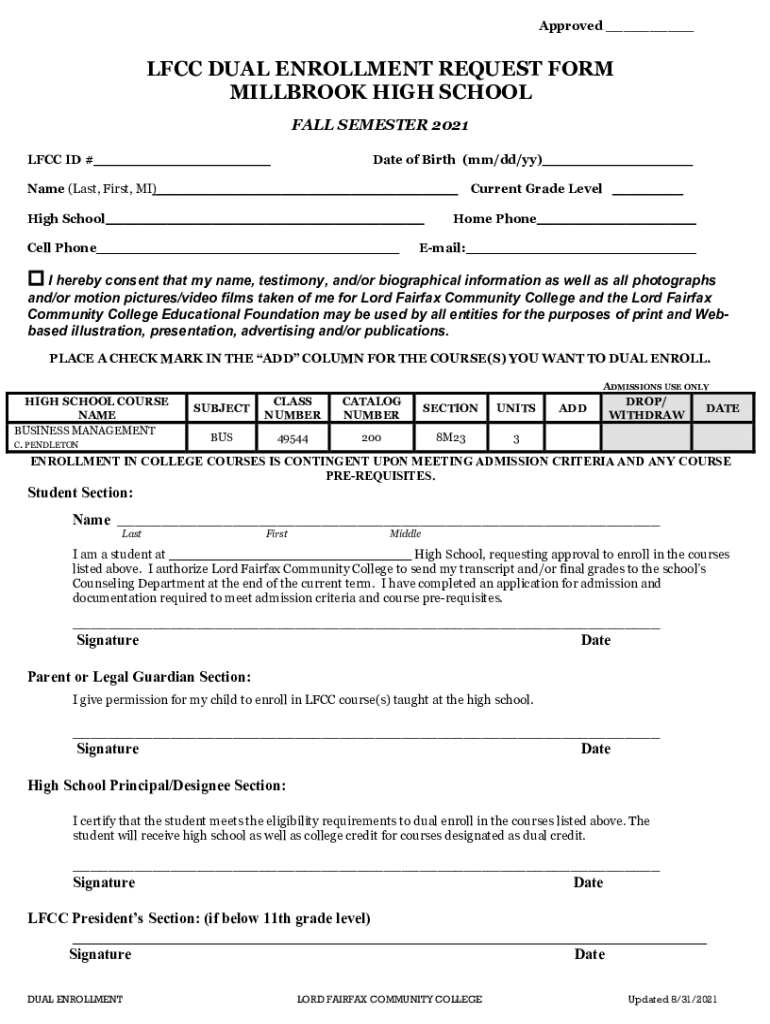 Fillable Online lfcc dual enrollment request form millbrook high school ...