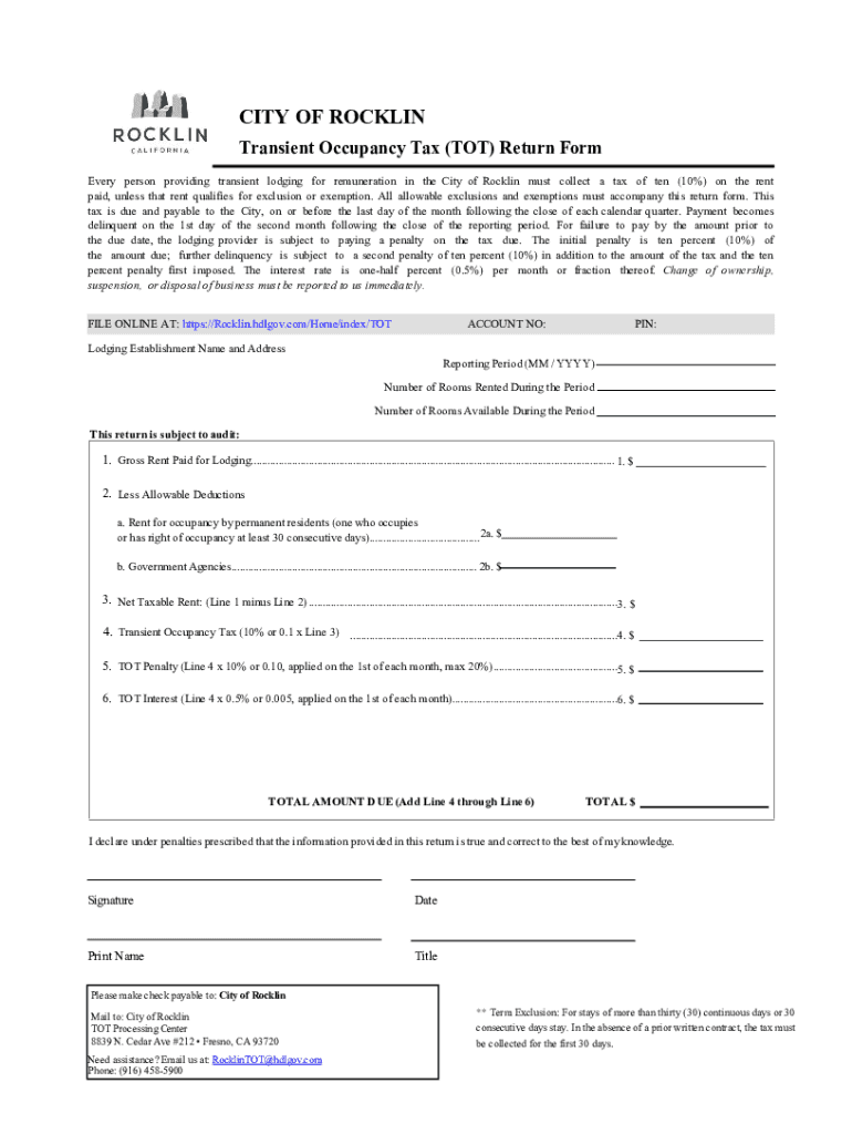 Fillable Online city of rocklin transient occupancy tax (tot) fact ...