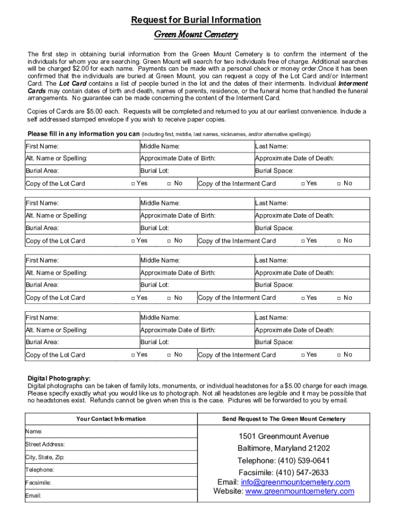 Fillable Online Request for Genealogical Information from the Green Mount Cemetery Fax Email ...