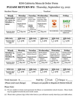 Fillable Online KDS Cafeteria Menu & Order Form PLEASE RETURN BY Fax ...