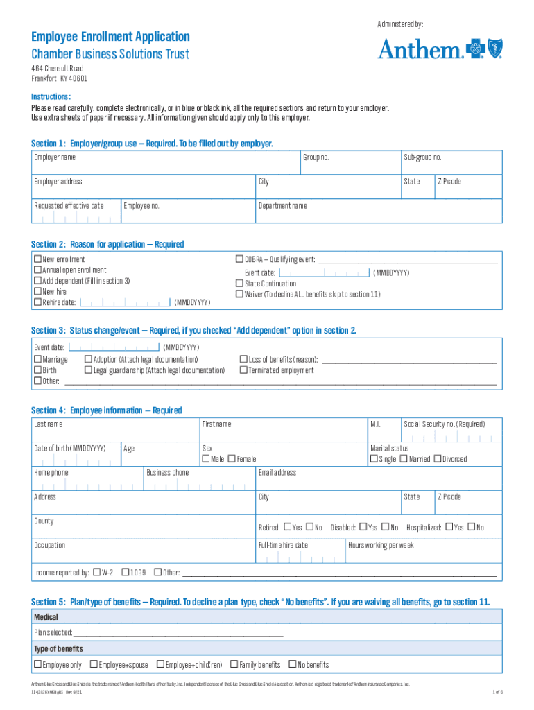 Fillable Online Employee Enrollment Application Chamber Business ...