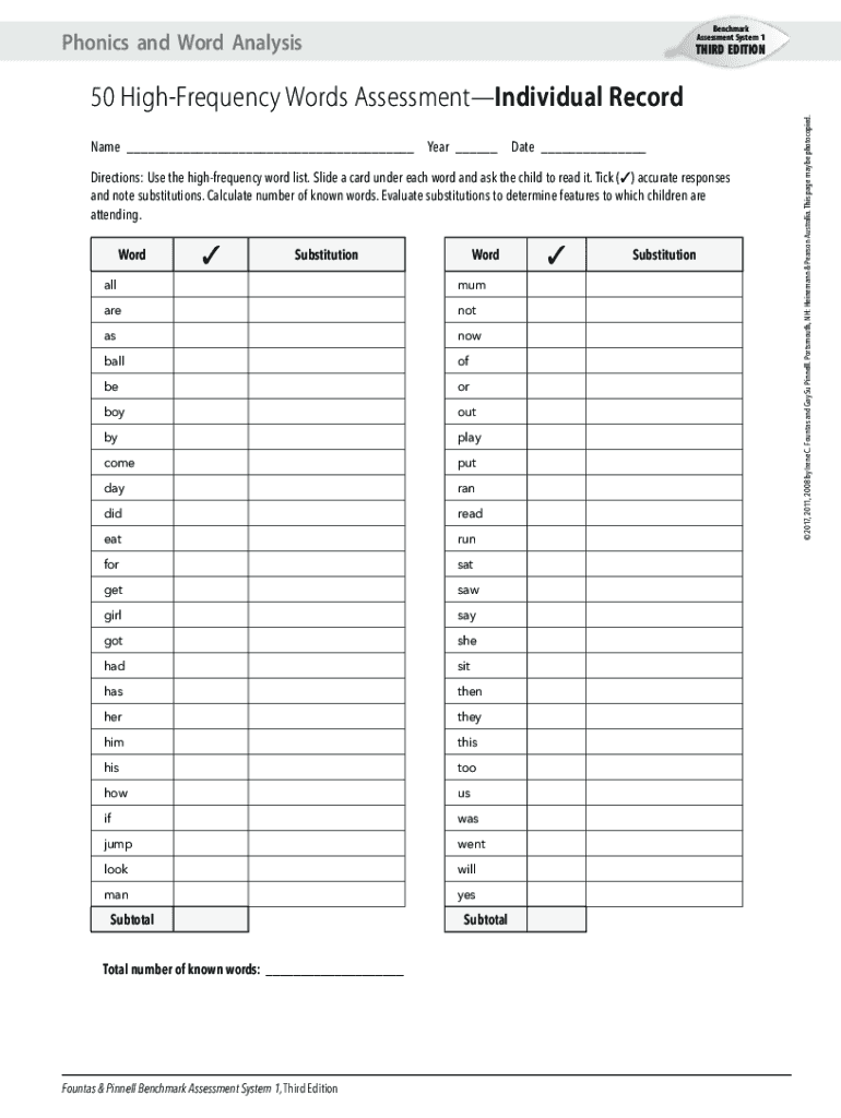 Fillable Online 50 High-Frequency Words AssessmentIndividual Record Fax ...