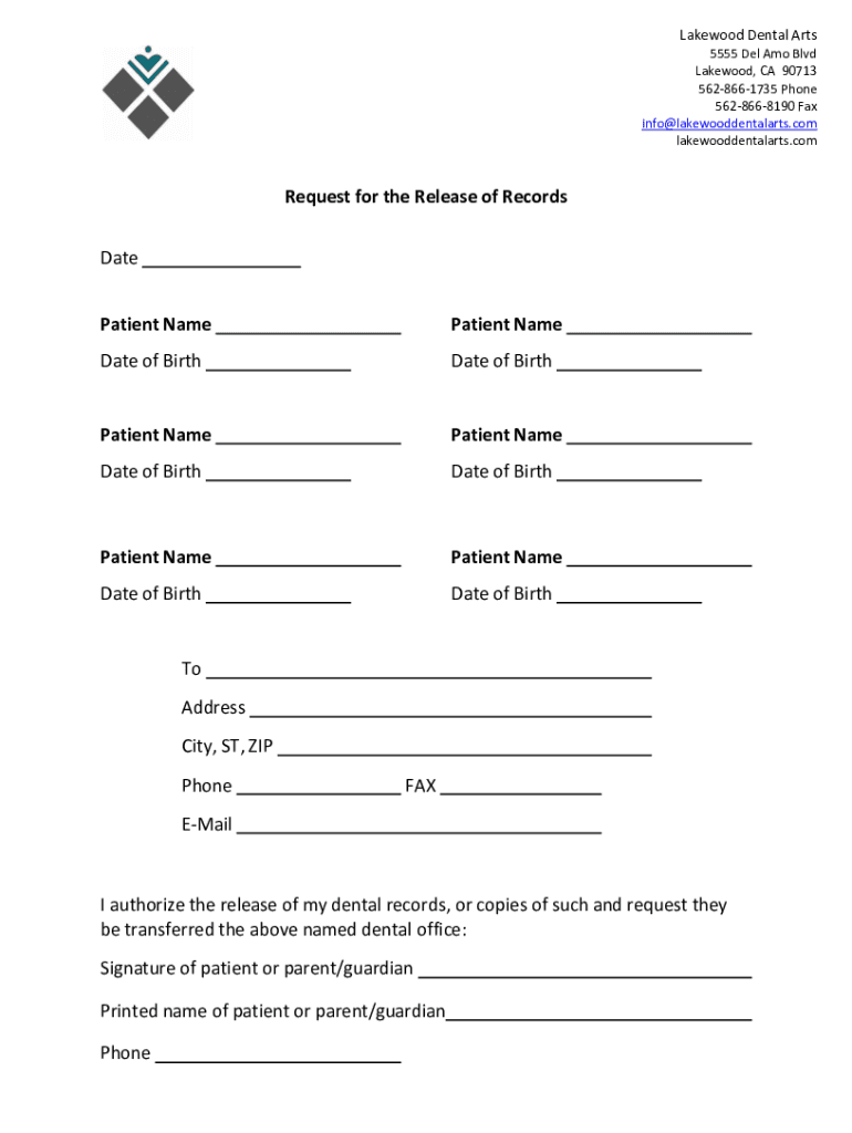 Fillable Online Dentist Lakewood CALakewood Dental Arts Patient Forms ...