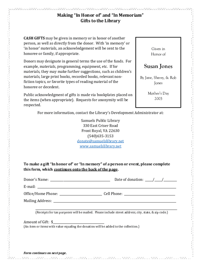 Fillable Online What Is an In-Memory Gift or Memorial Donation? Fax ...