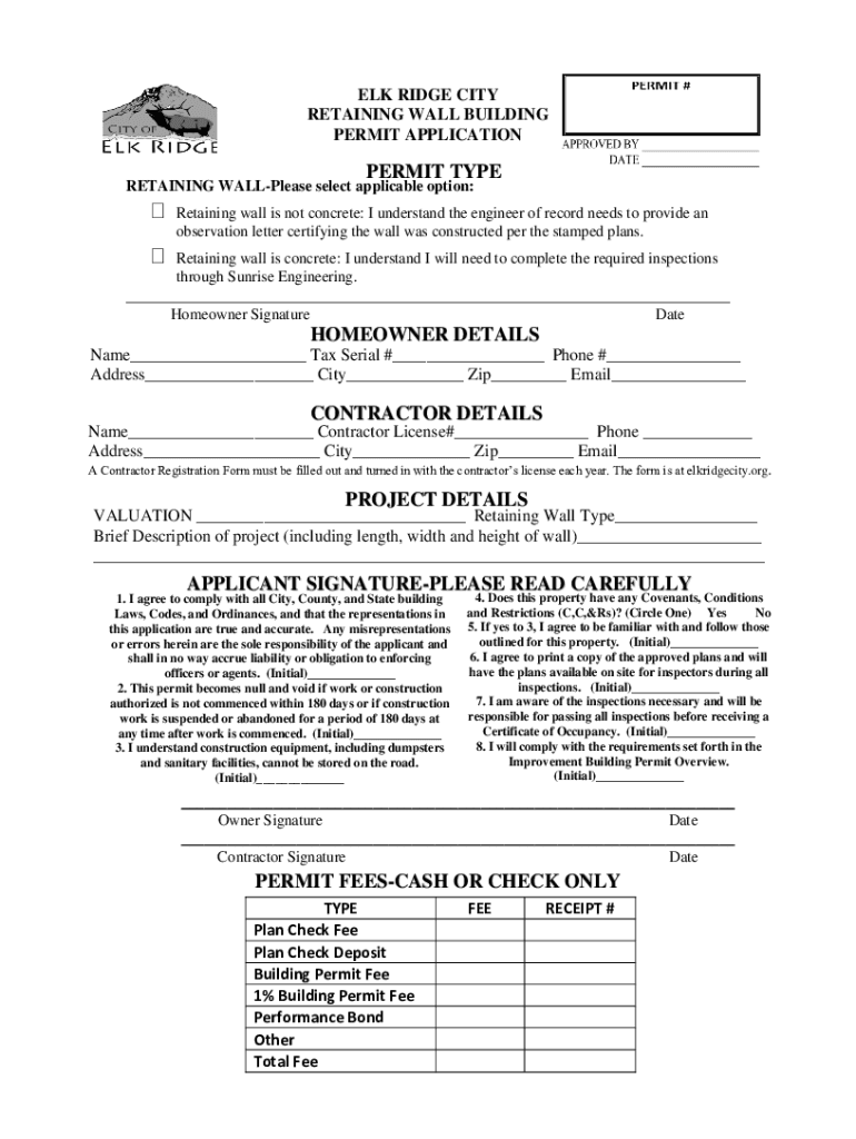 Fillable Online Elk Ridge City Retaining Wall Building Permit Application Fax Email Print ...