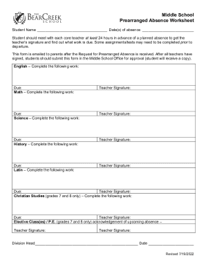 Fillable Online Middle School Prearranged Absence Worksheet Fax Email Print - pdfFiller