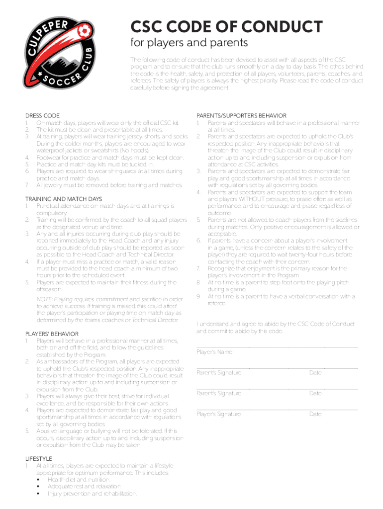 Fillable Online CSC Code of Conduct for Players and Parents - cloudfront.net Fax Email Print ...