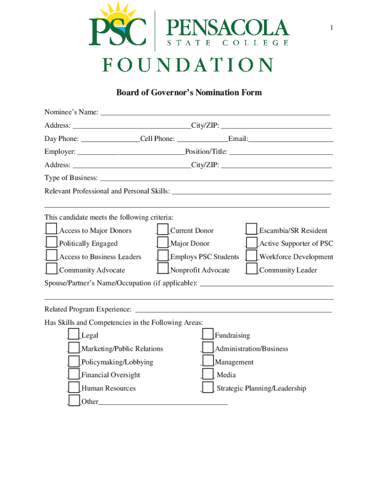 Fillable Online foundation pensacolastate 2024 HALL OF HONOR NOMINATION ...