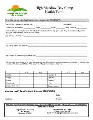 Fillable Online High Meadow Day Camp Health Form Fax Email Print ...