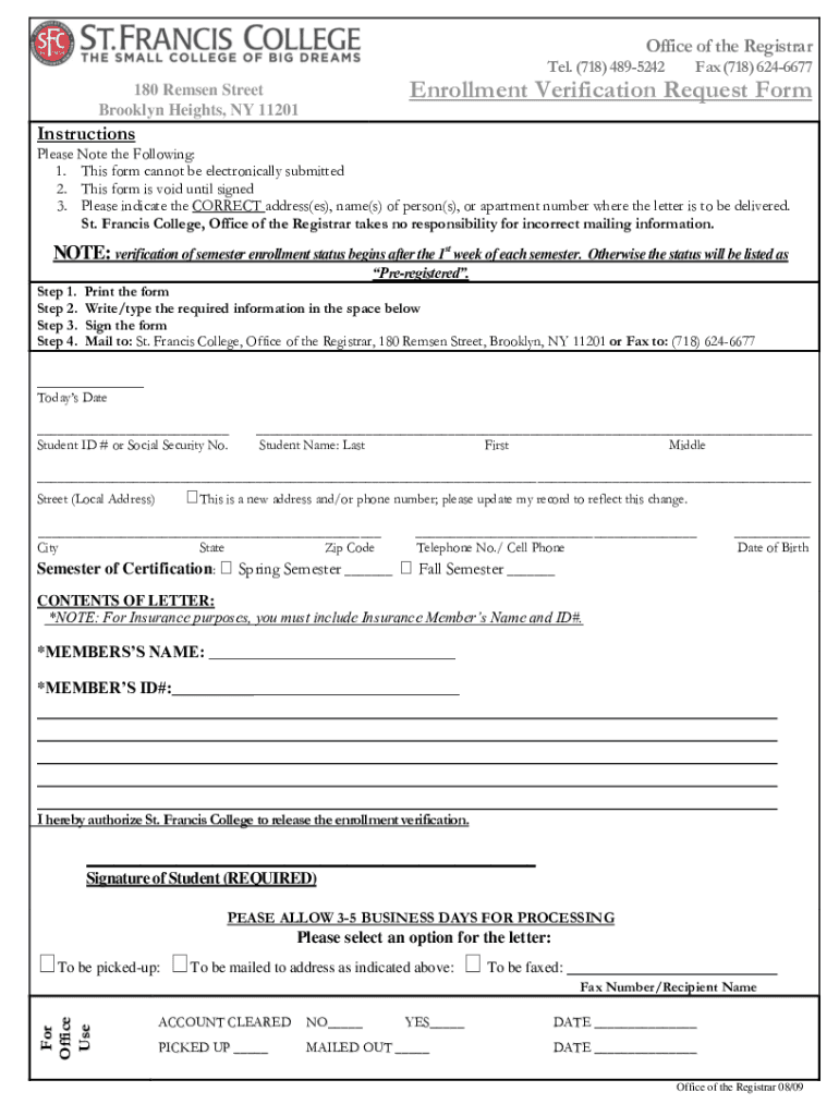 Fillable Online Enrollment Verification Request Form - Brooklyn Fax ... Fillable Online Enrollment Verification Request Form - Brooklyn Fax ...