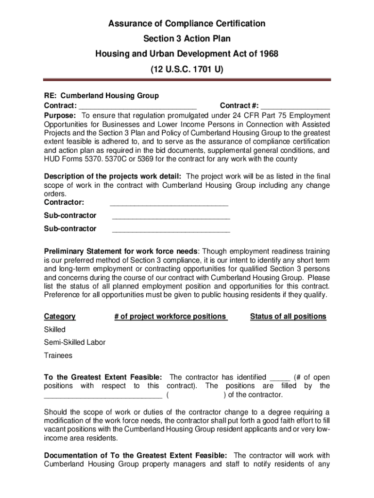 Fillable Online Assurance of Compliance Certification Section 3 Action ...