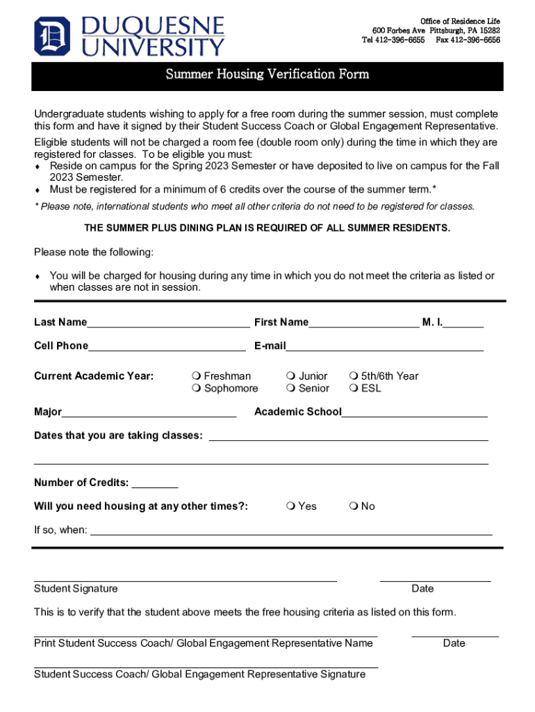 Fillable Online Verification Form for Free Summer Housing - Duquesne ...