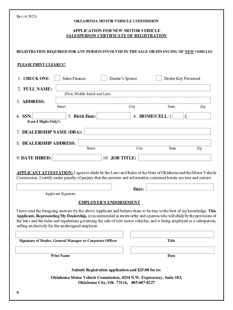 Fillable Online application for new motor vehicle salesperson ...