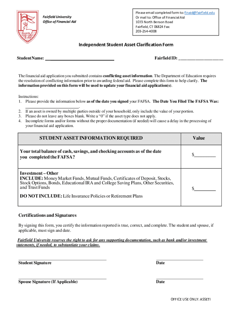 Fillable Online Fairfield UniversityIndependent Student Asset ...