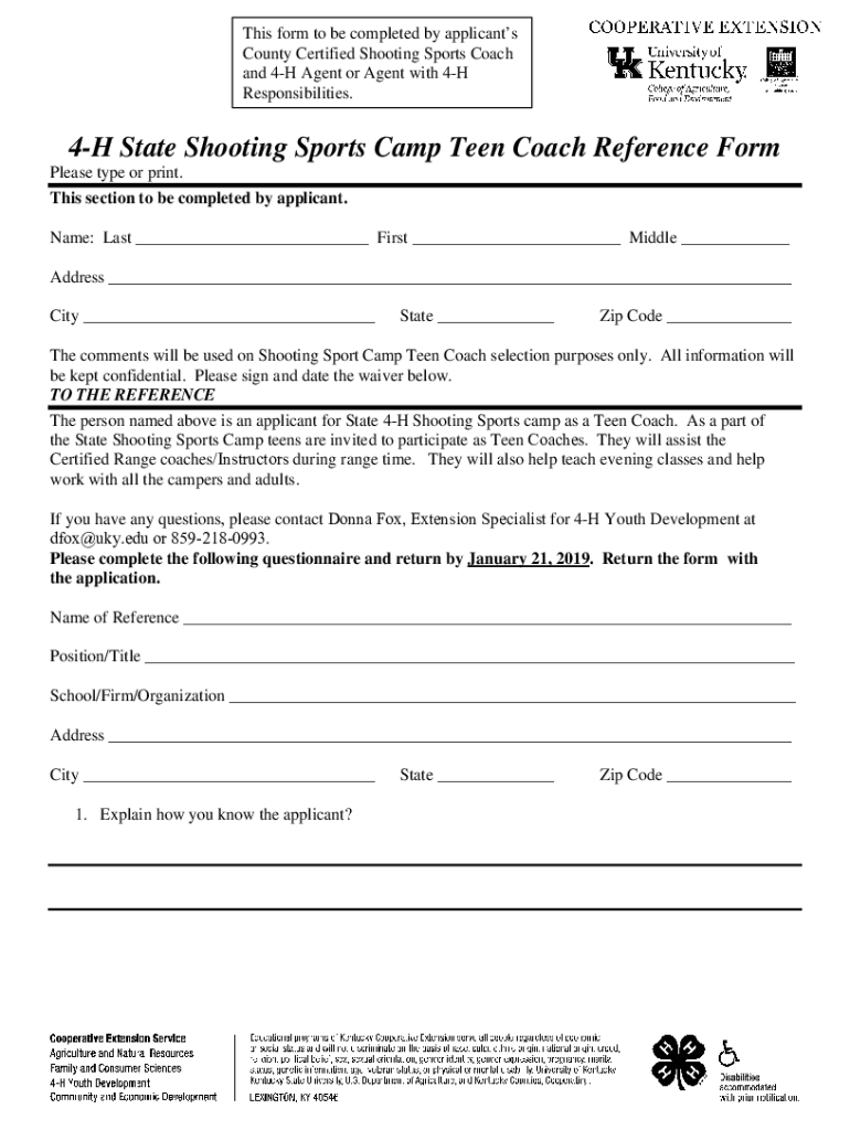 Fillable Online 4-H Shooting Sports Camp Teen Coach Reference Form Fax ...