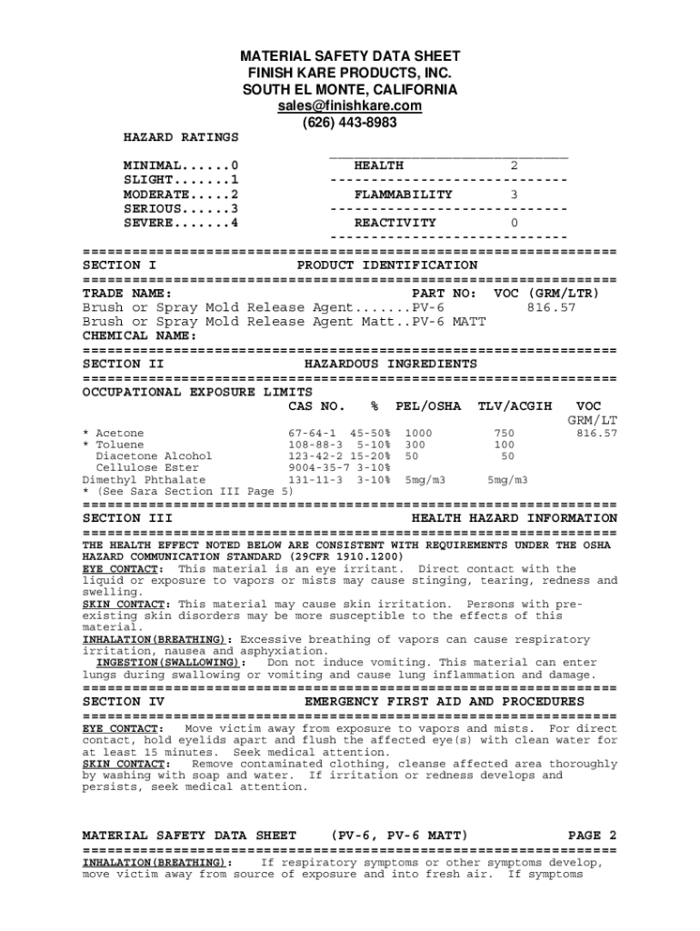 Fillable Online material safety data sheet finish kare products, inc ...