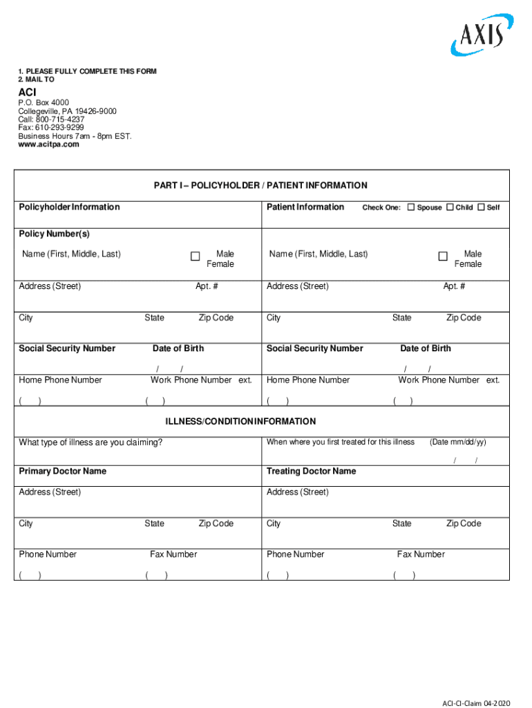 Fillable Online AXIS Student Accident and Sickness Claim Form - ... Fax ...