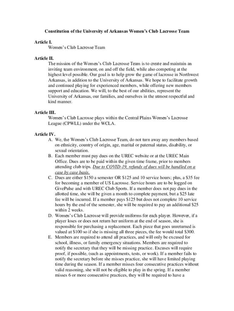 Fillable Online urec uark Sample Club Constitution and By-Laws - SLU ...