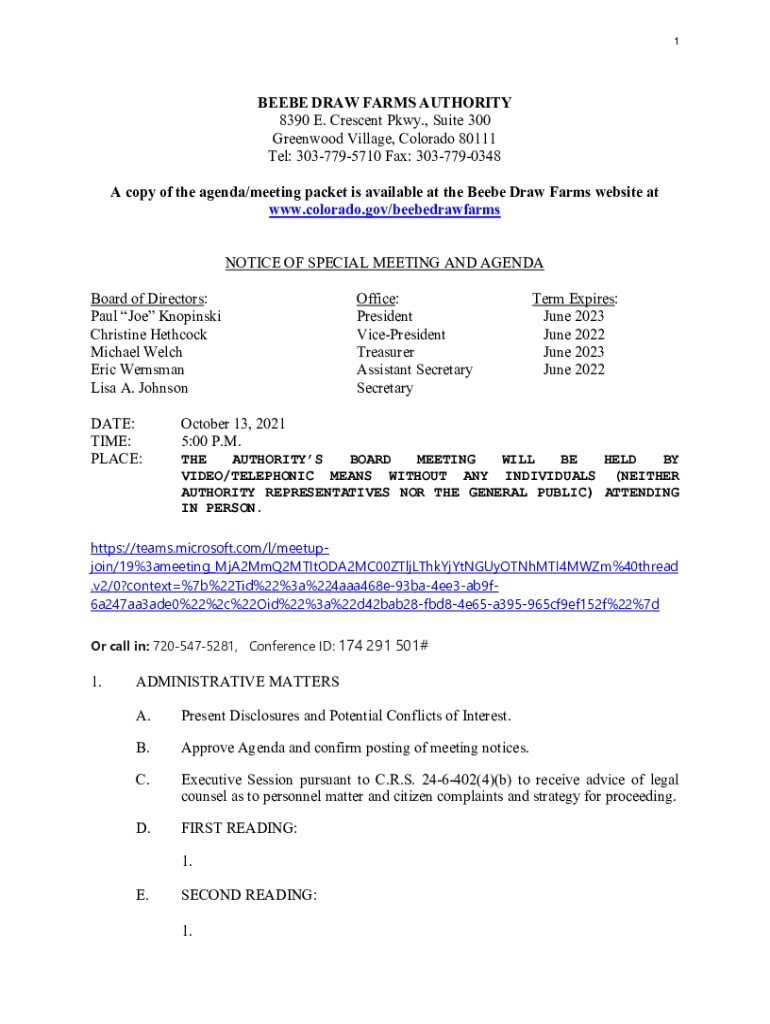 Fillable Online Beebe Draw Farms Metropolitan District No. 1 Fax Email ...