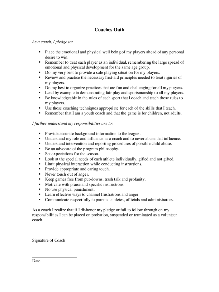 Fillable Online Player Code of EthicsI hereby pledge to have a positive ...