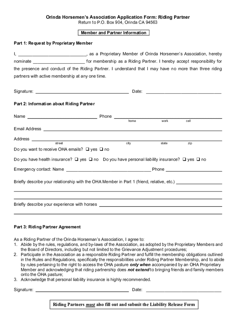 Fillable Online OHA Riding Partner Application Form 062521 Fax Email ...