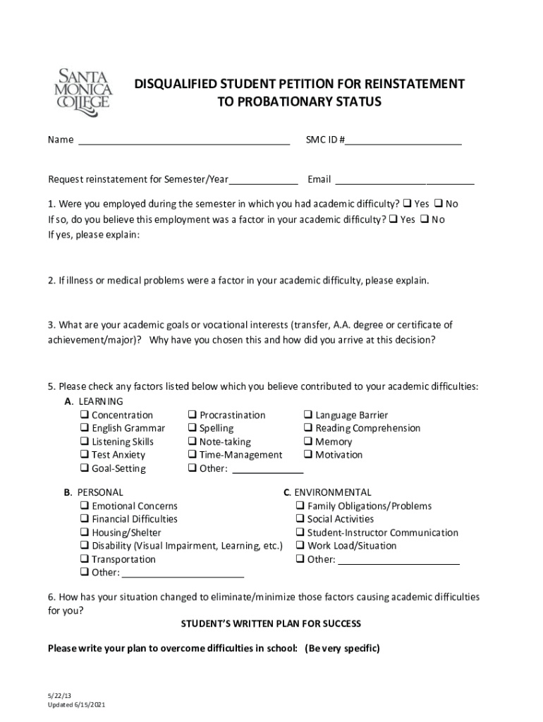 Fillable Online Explanatory Notice on Academic or Progress Probation ...