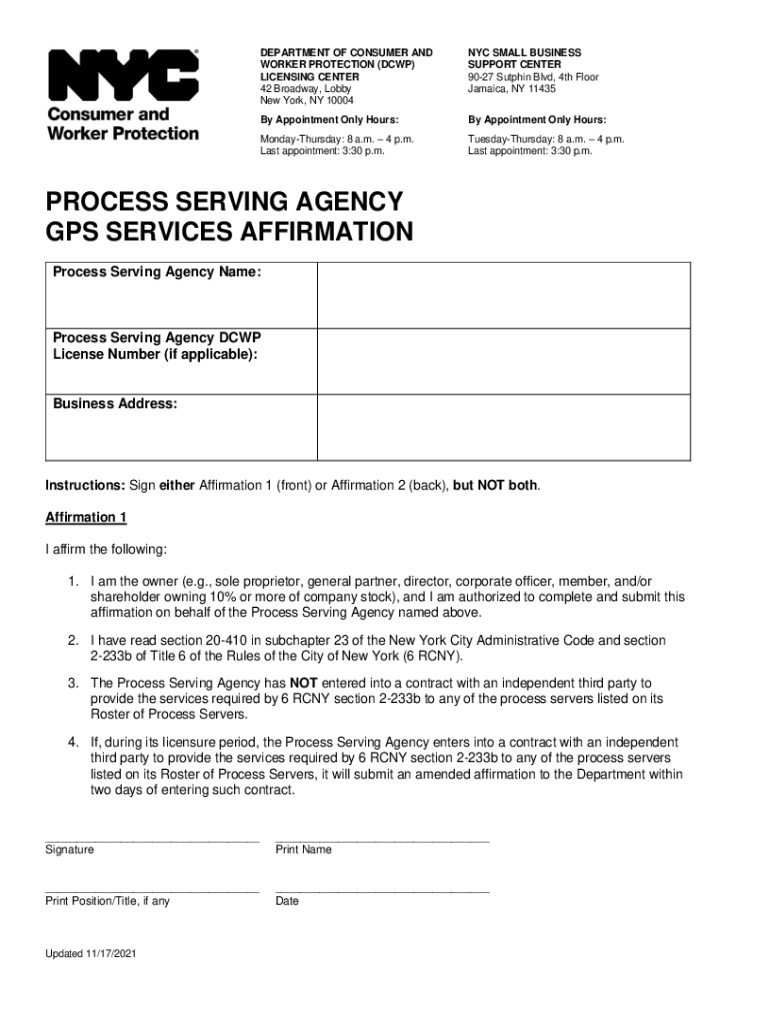 Fillable Online Process Serving Agency GPS Services Affirmation Fax ...