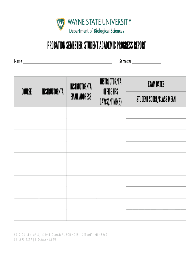 Fillable Online clas wayne WSU Biological Sciences Probation Semester Progress Report Fax Email ...