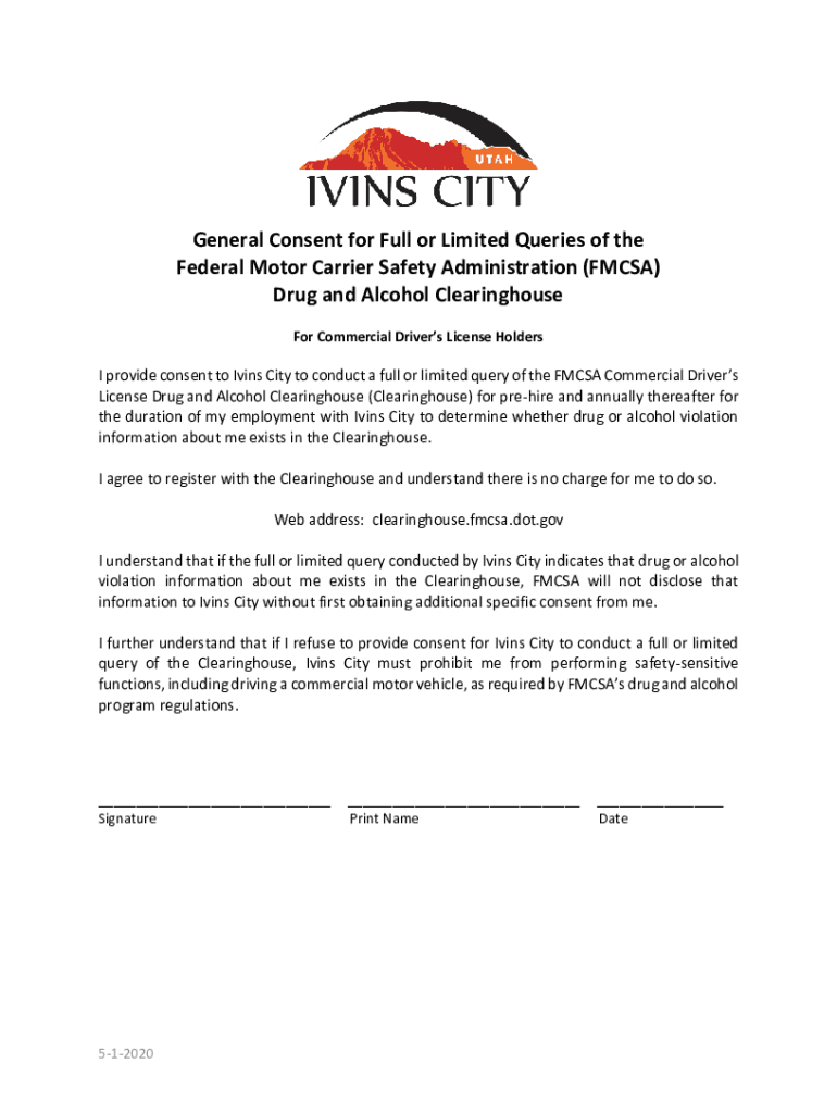 FMCSA Drug and Alcohol Clearinghouse Consent - Blank Fillable Template ...