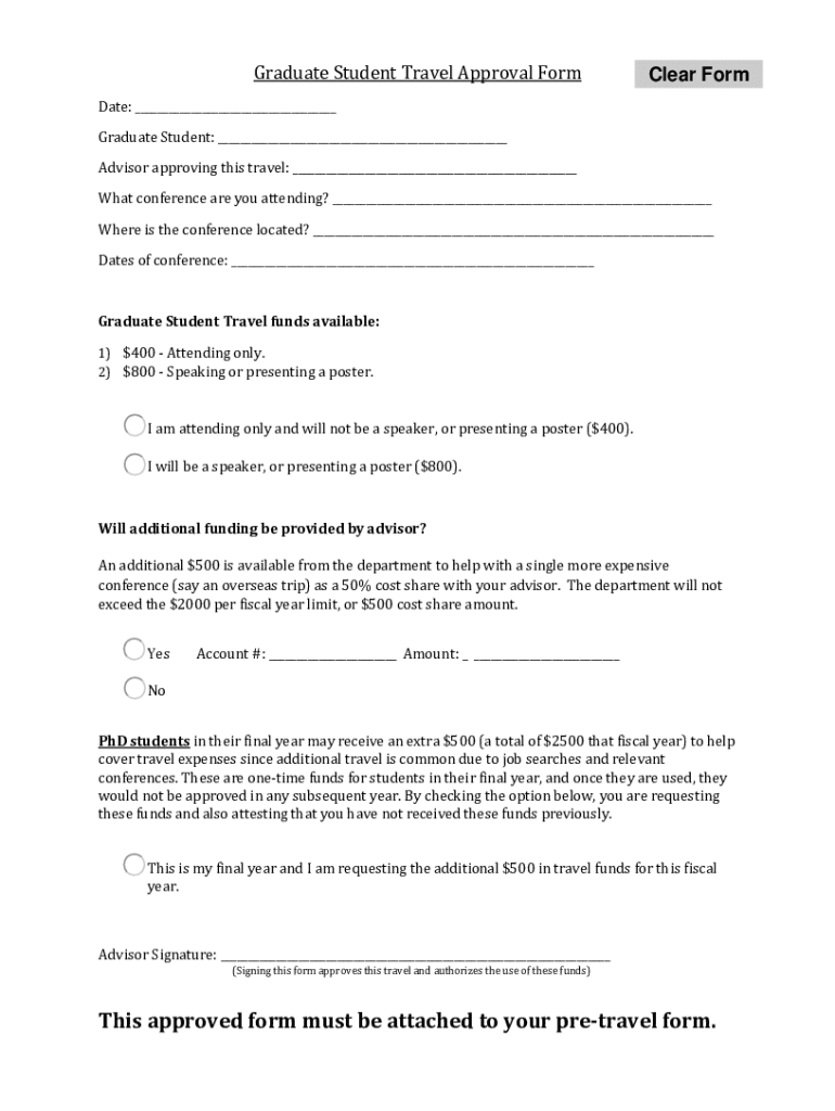 Fillable Online Graduate Student Travel Approval Form Fax Email Print - pdfFiller