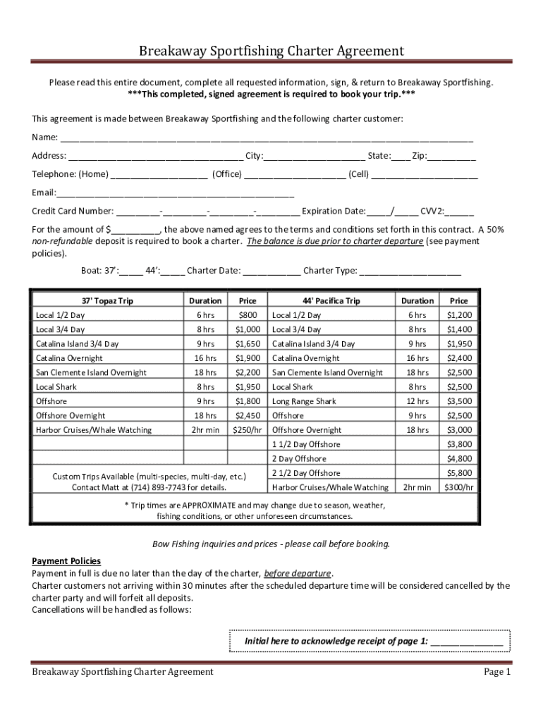 Fillable Online Breakaway Sportfishing Charter Agreement Fax Email ...