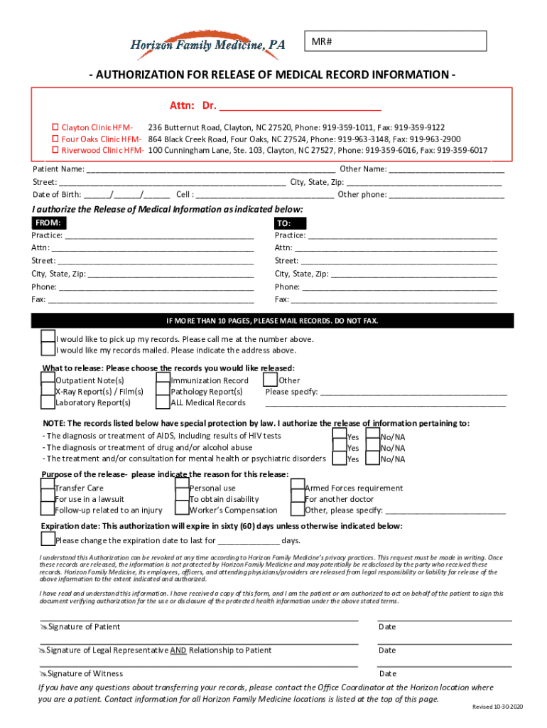 Fillable Online Medical-Records-Release-201030- ... Fax Email Print ...
