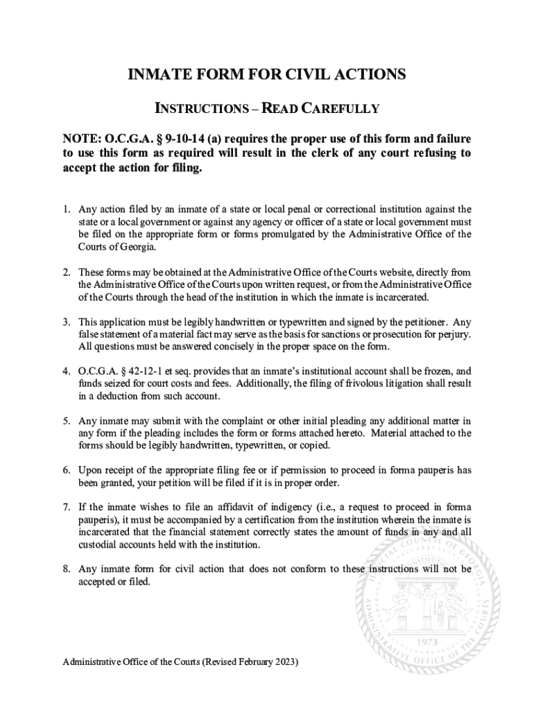 Fillable Online inmate form for civil actions filed in the court of ...