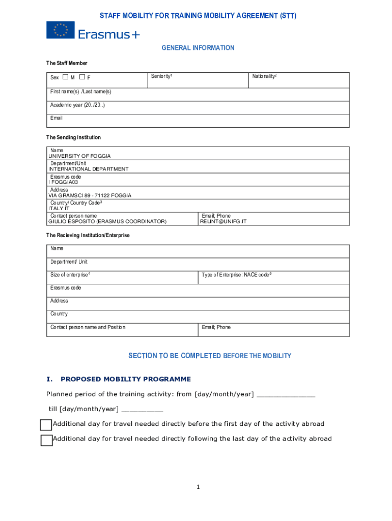 Fillable Online staff mobility for training mobility agreement (stt ...