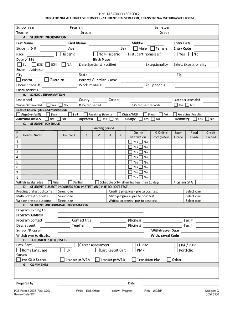 Fillable Online Student Registration, Transition & Withdrawal Form Fax ...
