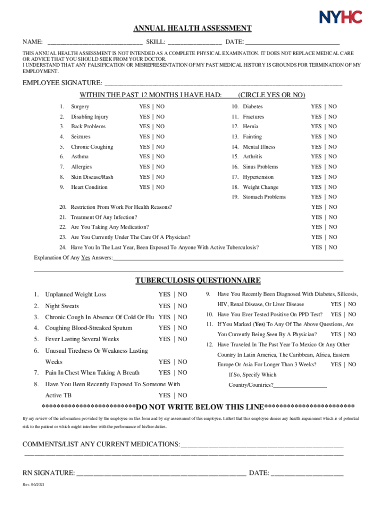 Fillable Online ANNUAL HEALTH ASSESSMENT Explanation Of Any Yes ... Fax ...